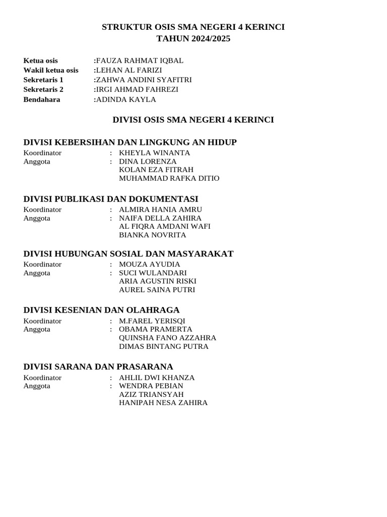 Struktur Divisi OSIS SMA 4 Kerinci | PDF