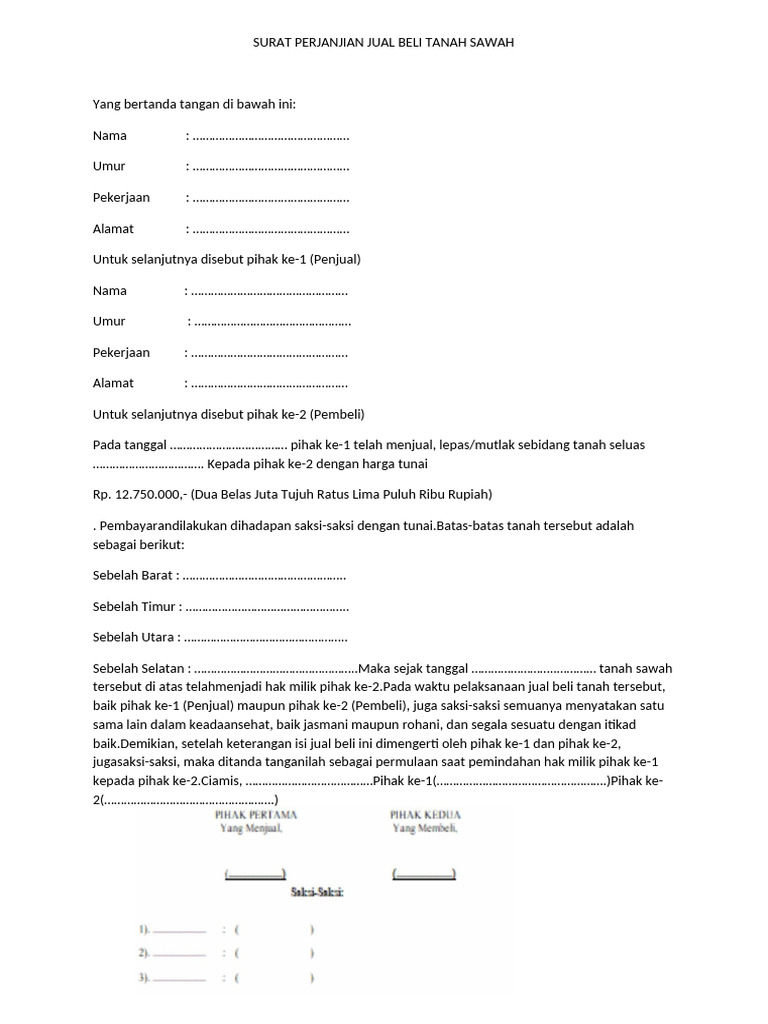 Surat Perjanjian Jual Beli Tanah Sawah | PDF