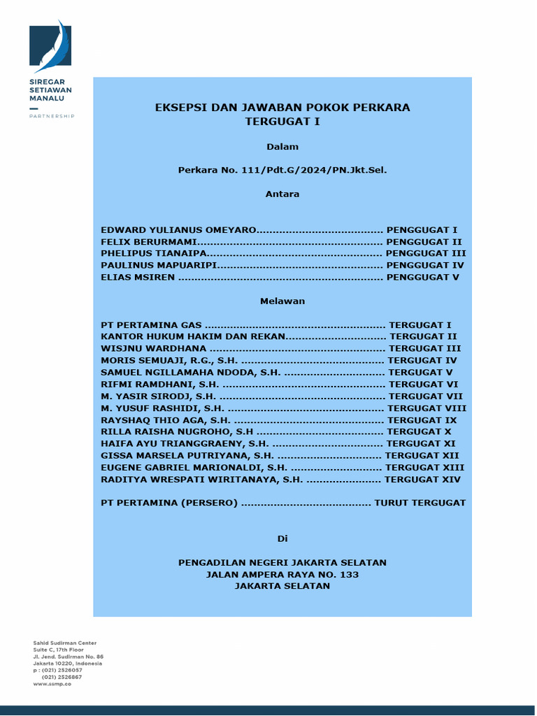 (30 Mei 2024) SSMP-Pertagas_Jawaban Tergugat I | PDF