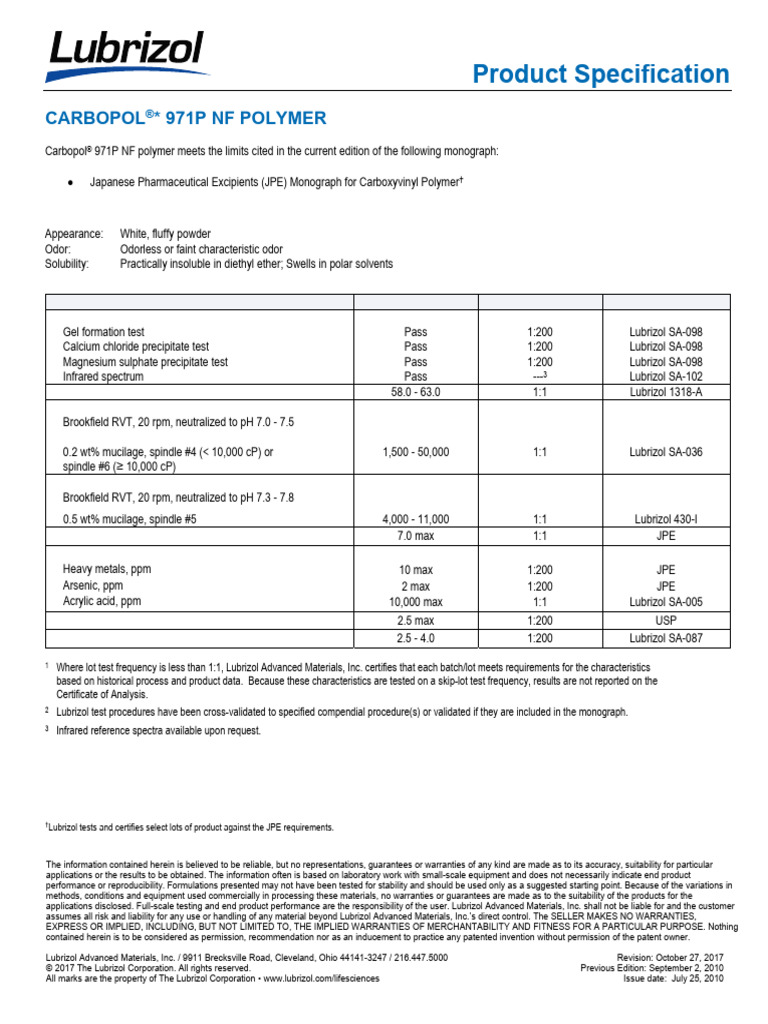 SPEC Carbopol 971P NF Carboxyvinyl Polymer-JPE | PDF | Solubility ...