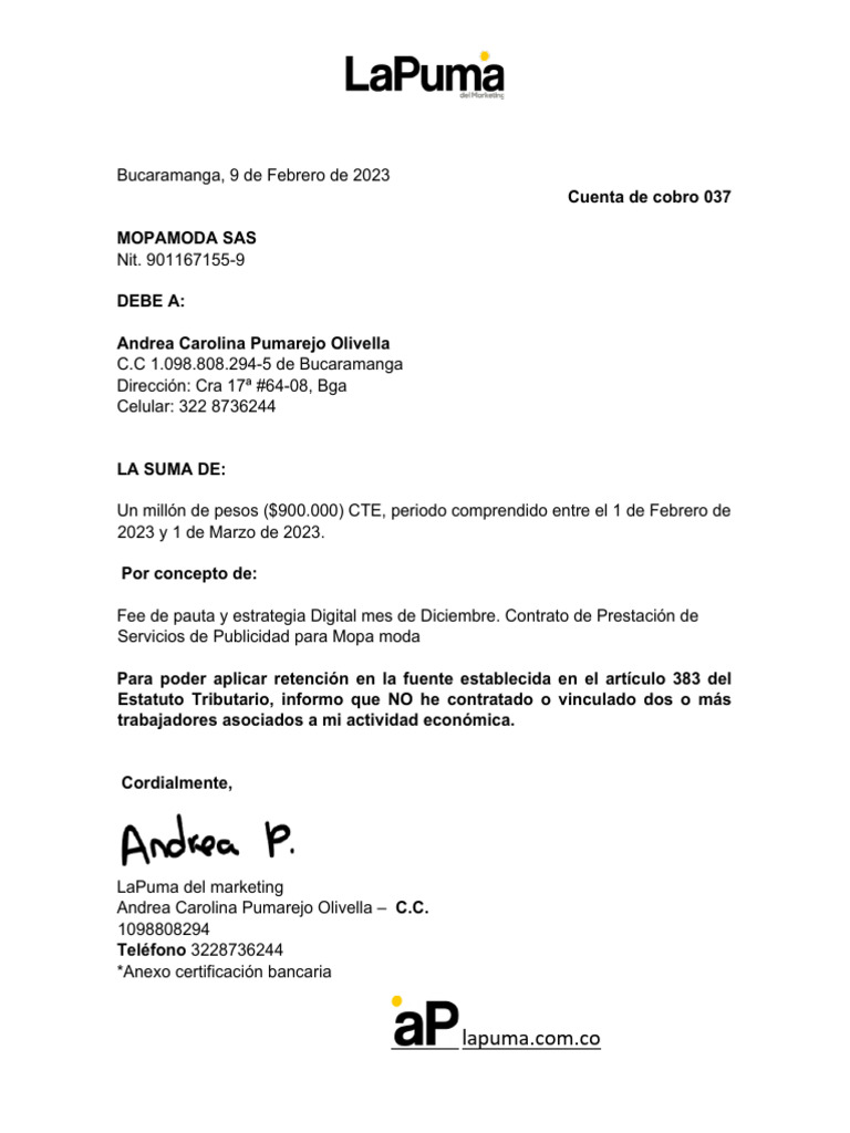 037 Cuenta de Cobro Mopa-LaPuma | PDF
