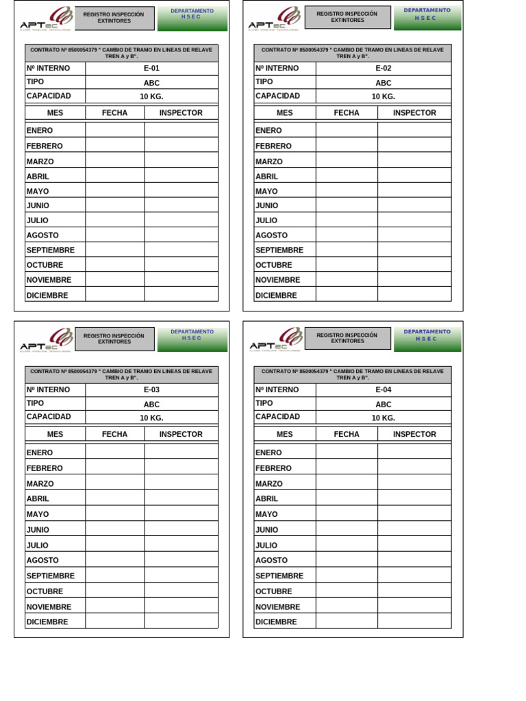 Tarjeta Chequeo Extintores | PDF