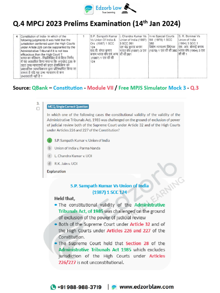 MPCJ Prelims - Case Law Based Questions - Edzorb Law | PDF