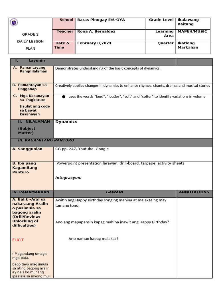 Cot Mapeh 2 q3 Dynamics | PDF