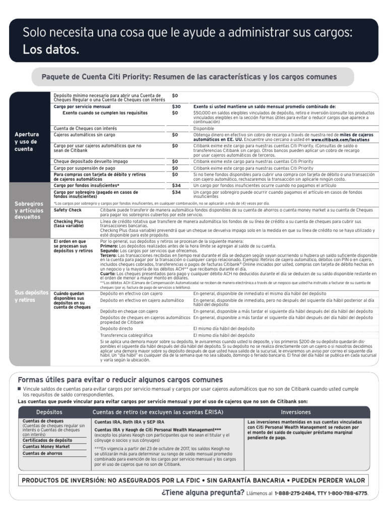 Cargos y requisitos de cuentas Citi Priority | PDF | Citibank | Cheque