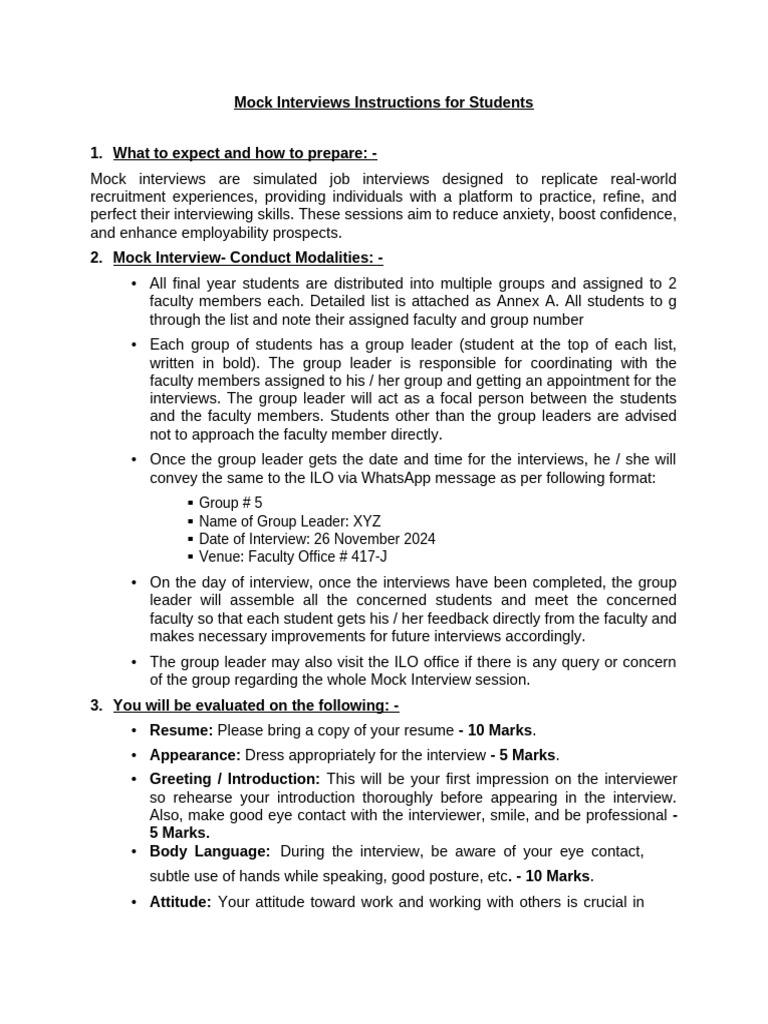Mock Interviews Instructions For Students | PDF