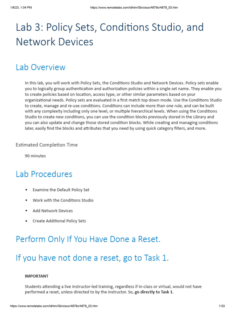 Lab 3 - Policy Sets, Conditions Studio, and Network Devices | PDF ...