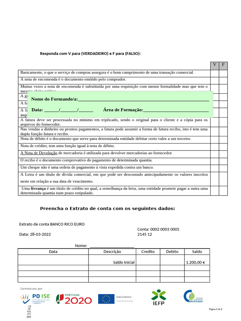 Ficha de Trabalho - Documentação Comercial e Administrativa | PDF ...