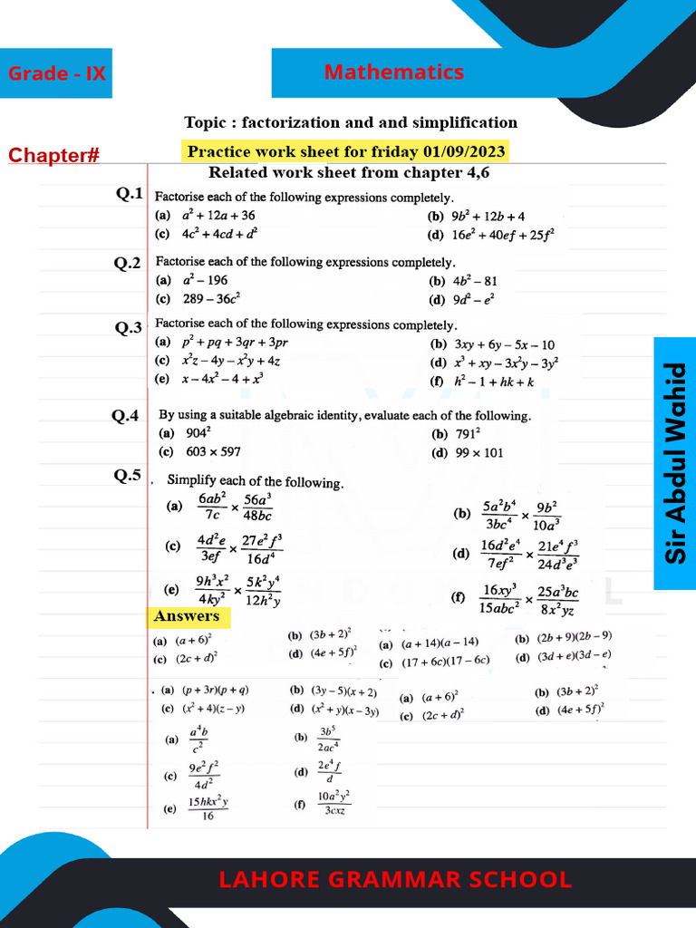 Factorization and simplification practice worksheet -1 | PDF