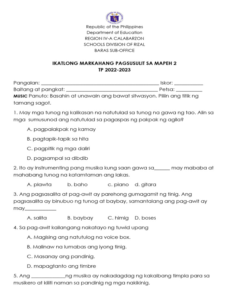 MAPEH 2 Periodical Test Q3 | PDF