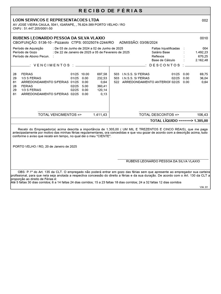 Recibo De Ferias Em Pdf