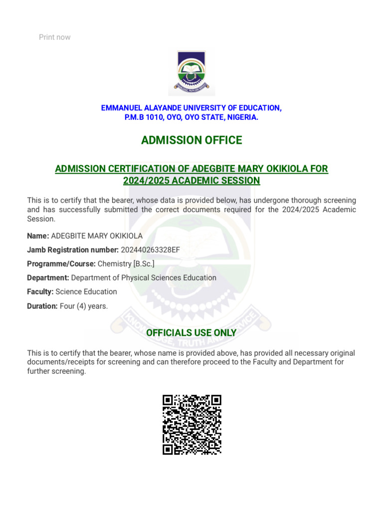 Admission Certification for Adegbite Mary | PDF