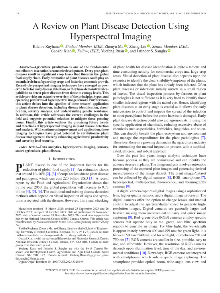 A Review On Plant Disease Detection Using Hyperspectral Imaging | PDF | Spectroscopy | Image ...