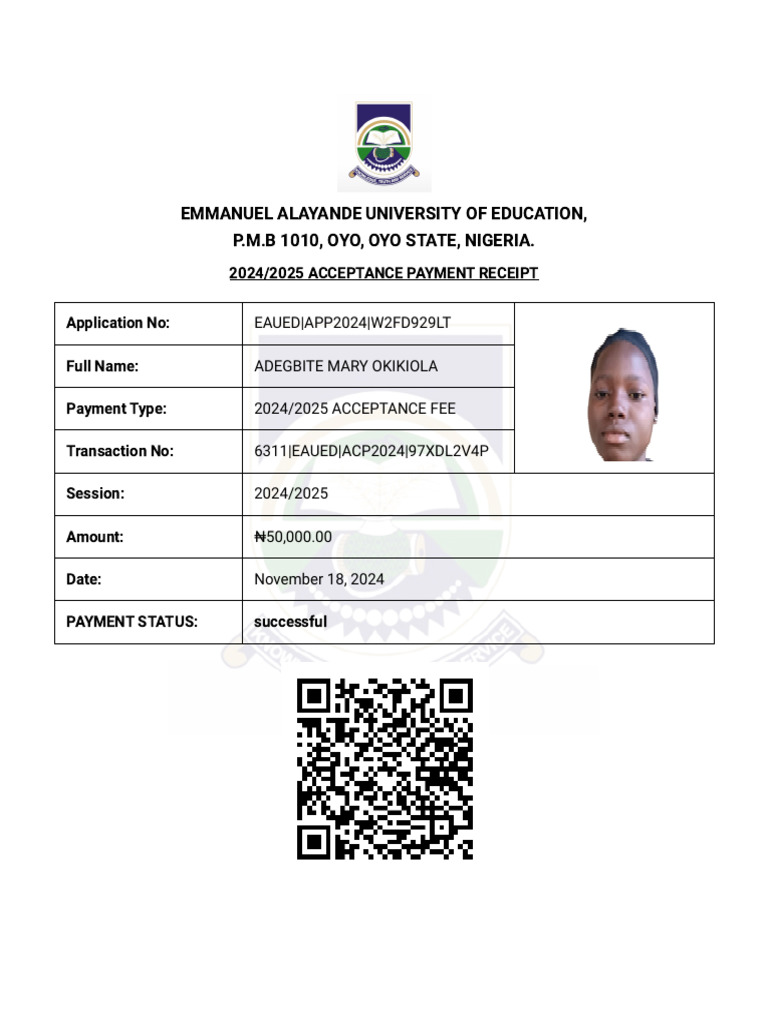 Adegbite Mary Okikiola Acceptance Payment Receipt - Emmanuel Alayande ...