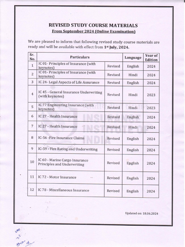 Launch of Revised Study Courses From September 2024 (Online Exam) | PDF
