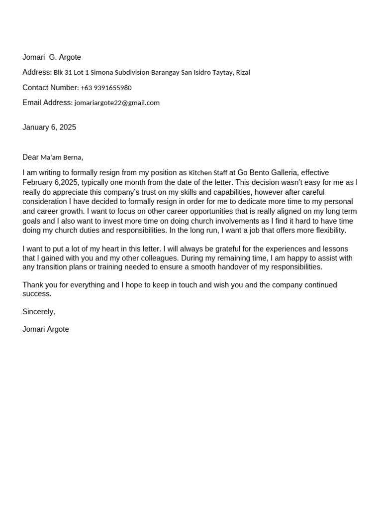 Resignation Letter from Kitchen Staff | PDF