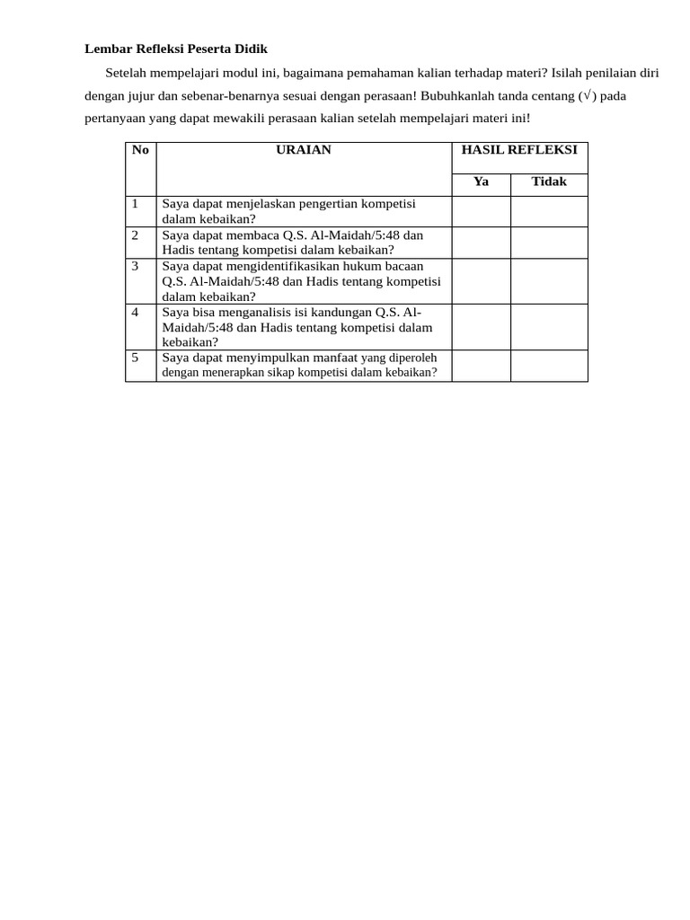 Lembar Refleksi Peserta Didik | PDF
