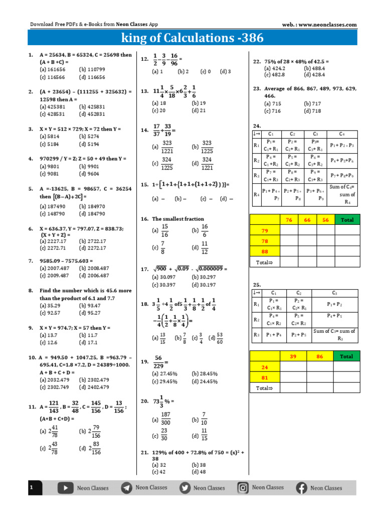 King of Calculations Sheet - 386 | PDF