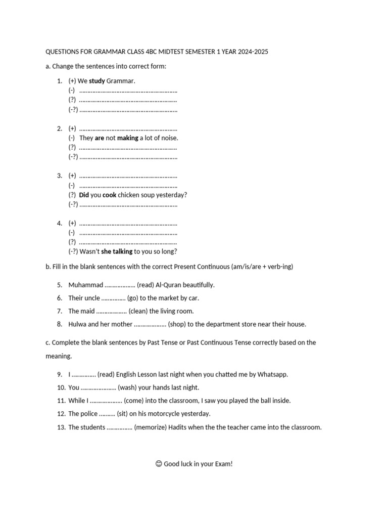 Grammar Class 4BC Midtest Semester 1 Year 2024 | PDF