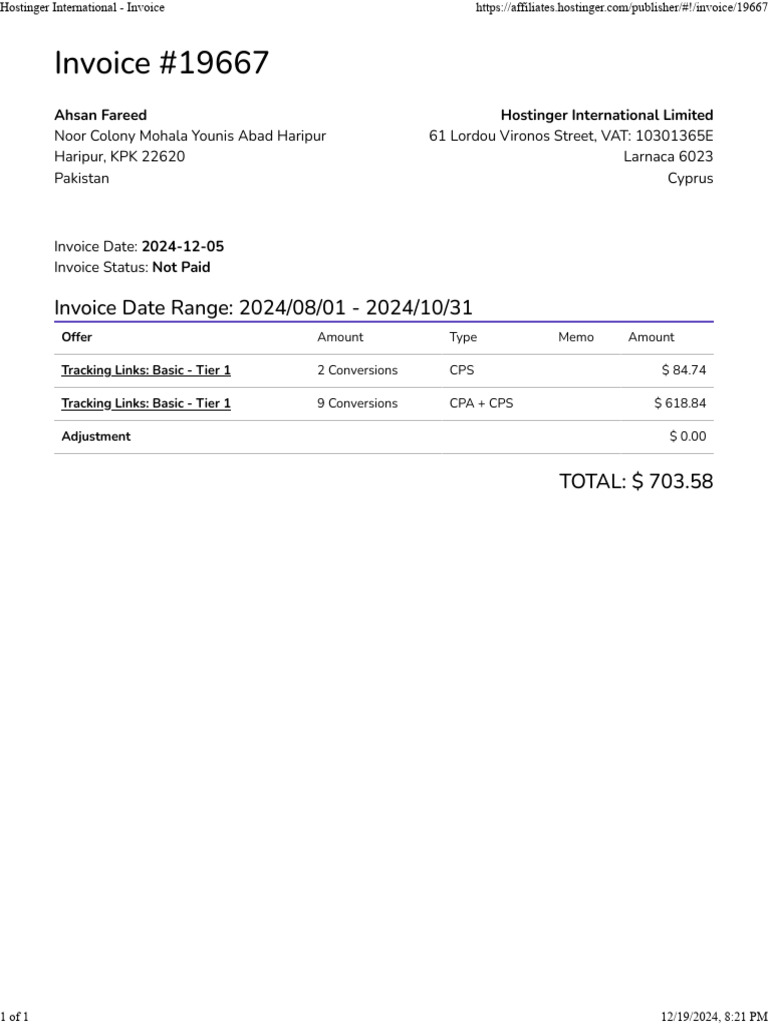 Affiliate program Hostinger International - Invoice | PDF