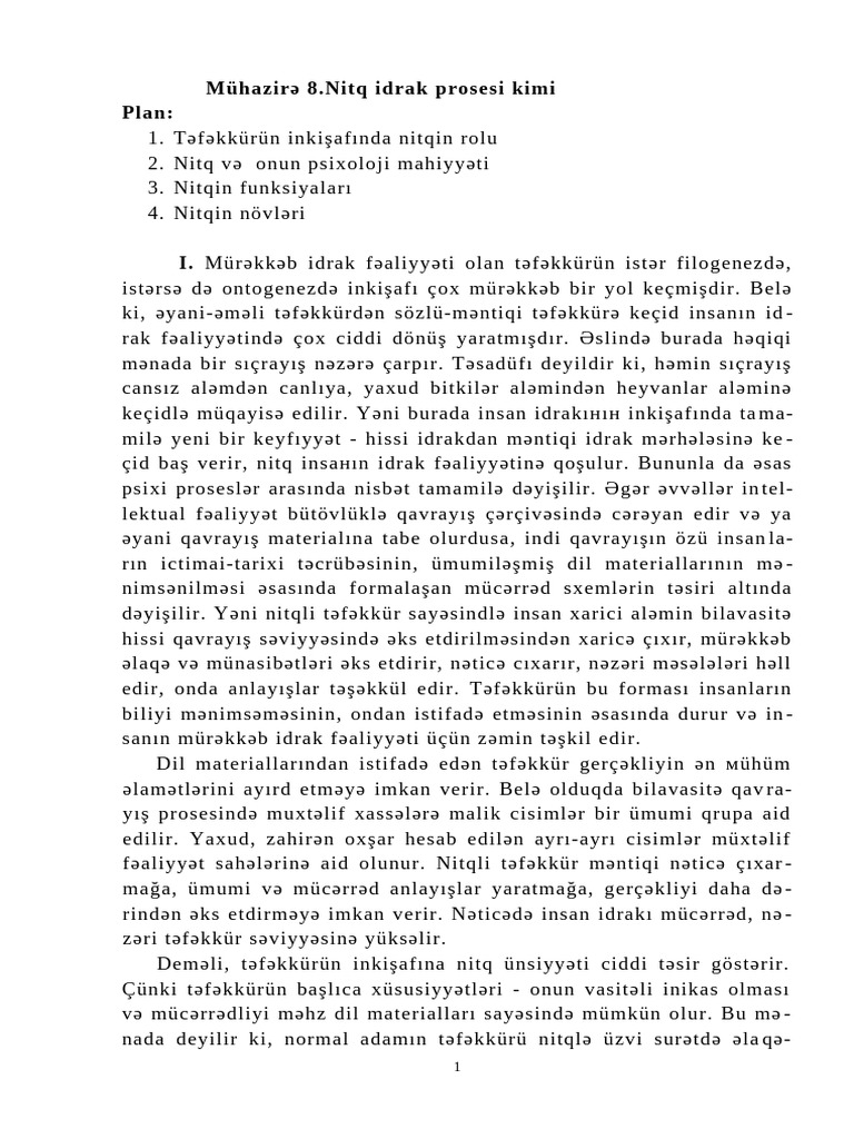 MÃ¶vzu 8.Nitq idrak prosesi kimi kopyası | PDF