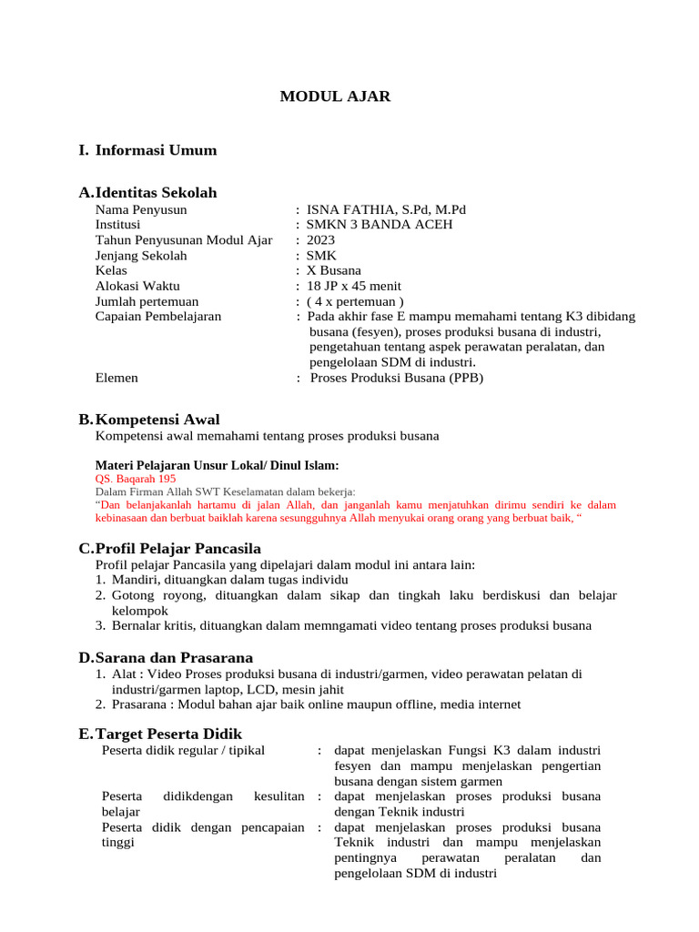 Modul Ajar Proses Produksi Busana - Elemen - 6 | PDF