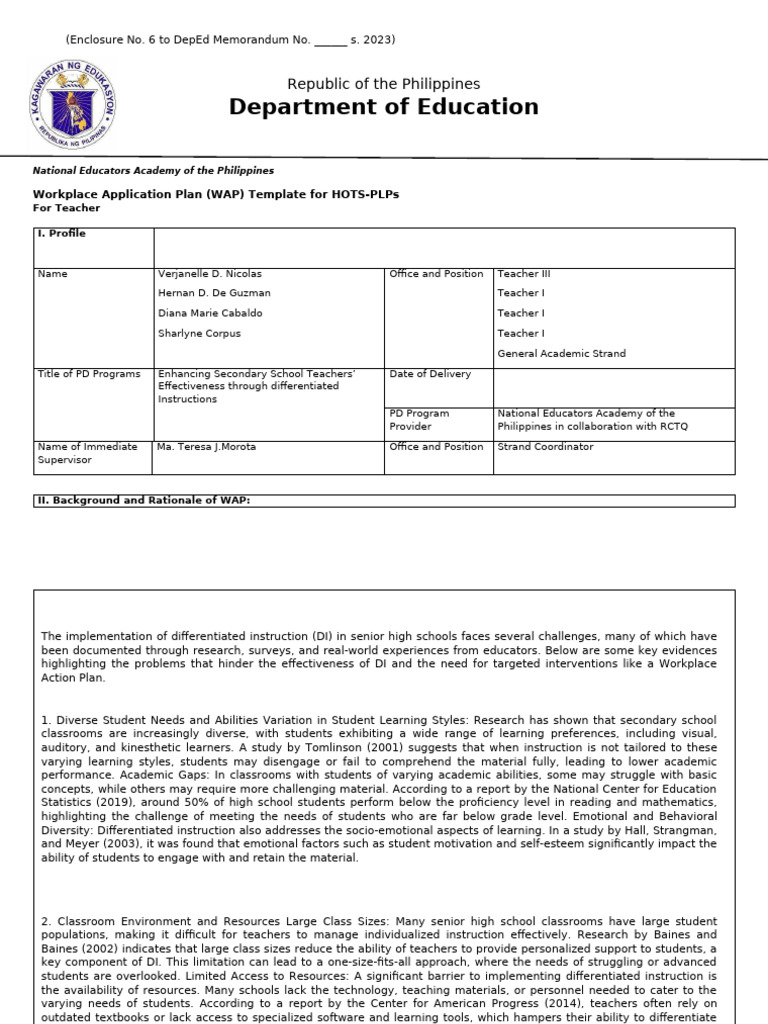 Workplace Action Plan for Differentiated Instruction | PDF | Differentiated Instruction | Teachers