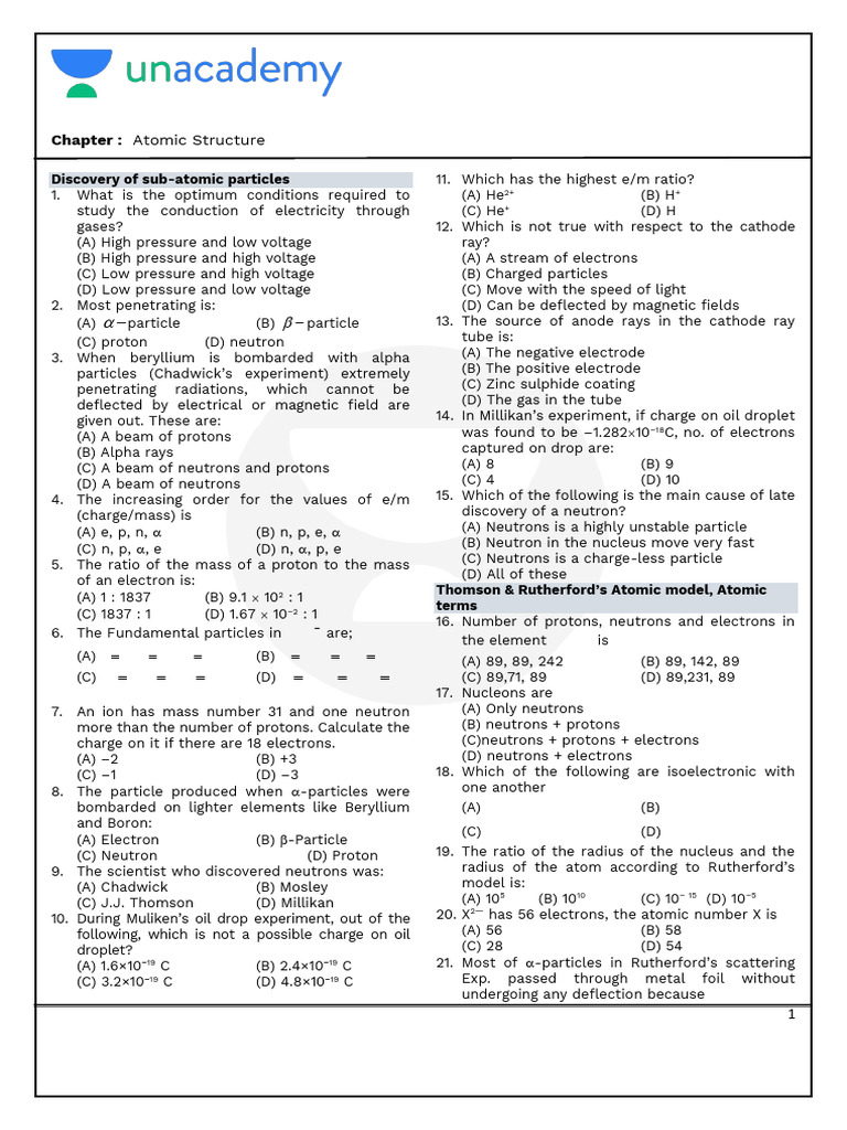 Atomic Structure Quiz and Answers | PDF | Neutron | Proton