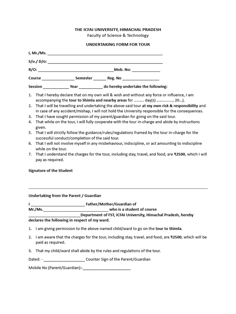 Undertaking Form For Tour of Shimla | PDF