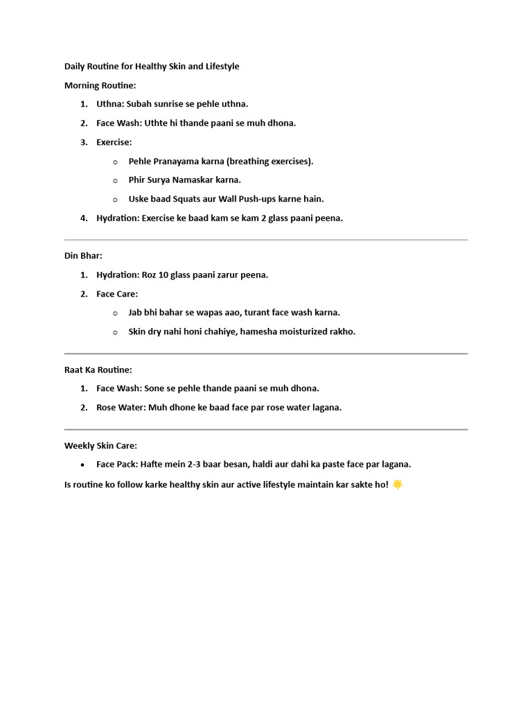 Daily Routine for Healthy Skin and Lifestyle | PDF