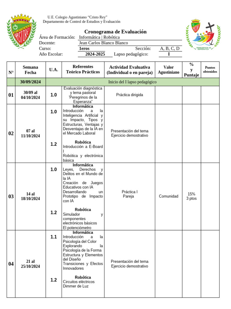 Formato Cronograma de Evaluación 2024-2025 I Momento 1° | PDF | Inteligencia artificial ...