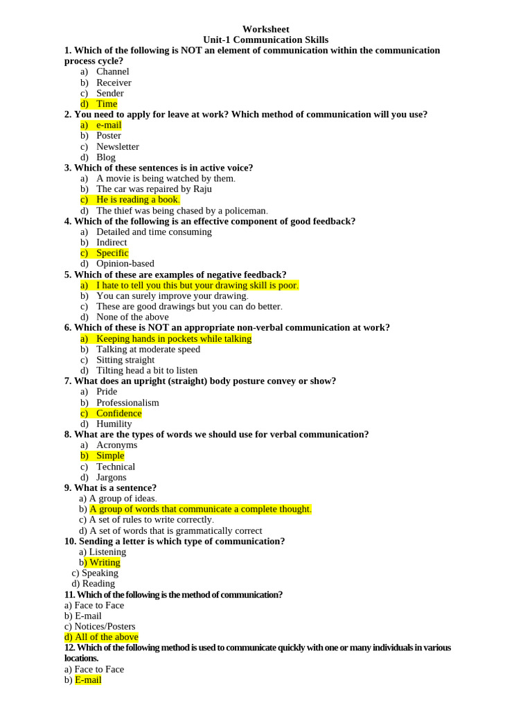 Worksheet Answer Keys Chapter-1 Communication Skills | PDF | Communication | Nonverbal Communication
