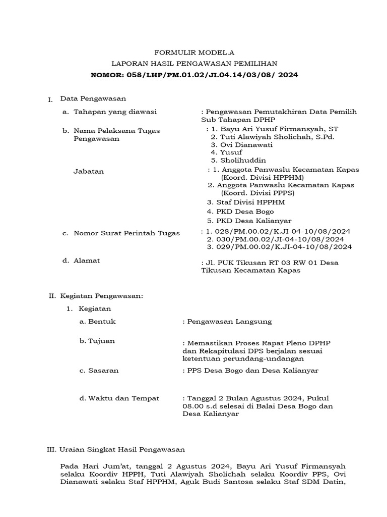Pengawasan Rapat Pleno DPHP Tingkat Desa - 3 Agustus 2024 | PDF