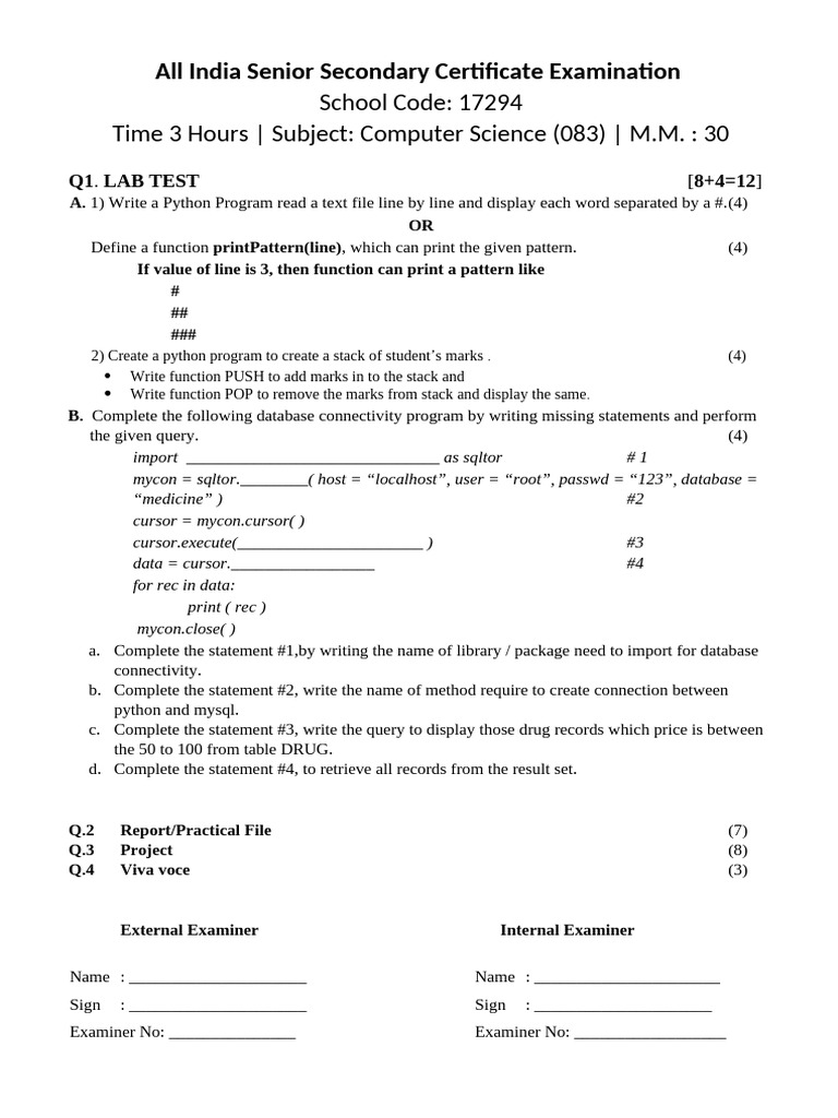 AISSCE Computer Science PRACTICALS QP 1 | PDF | Databases | Computing