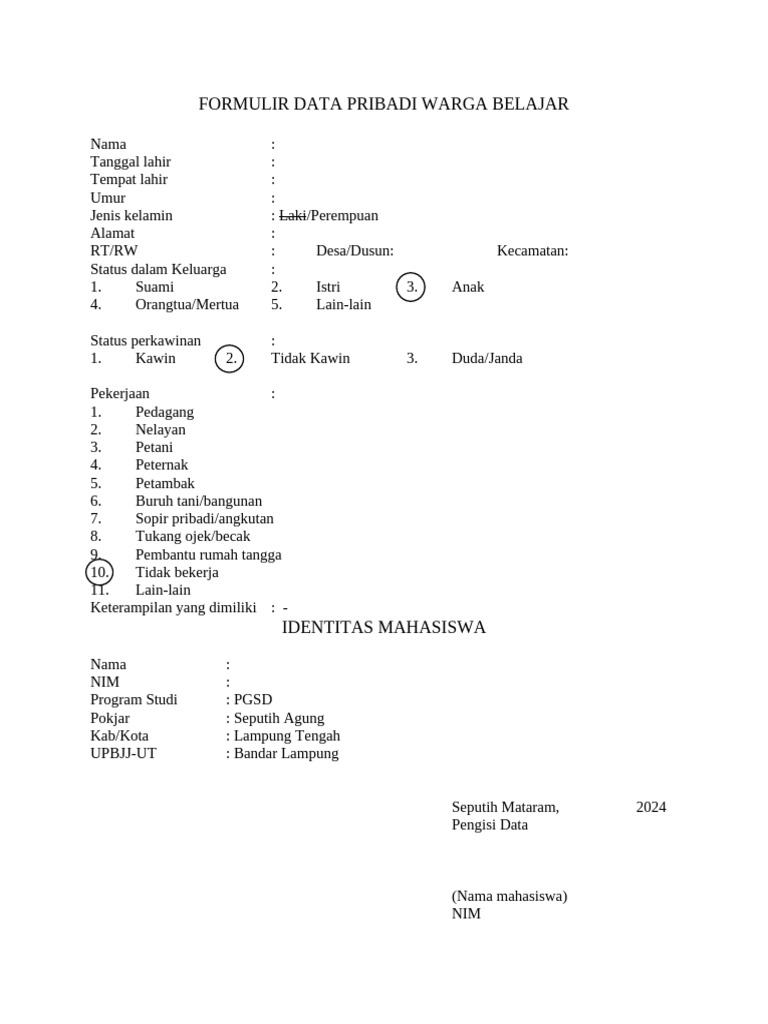 Formulir Data Pribadi Warga Belajar | PDF