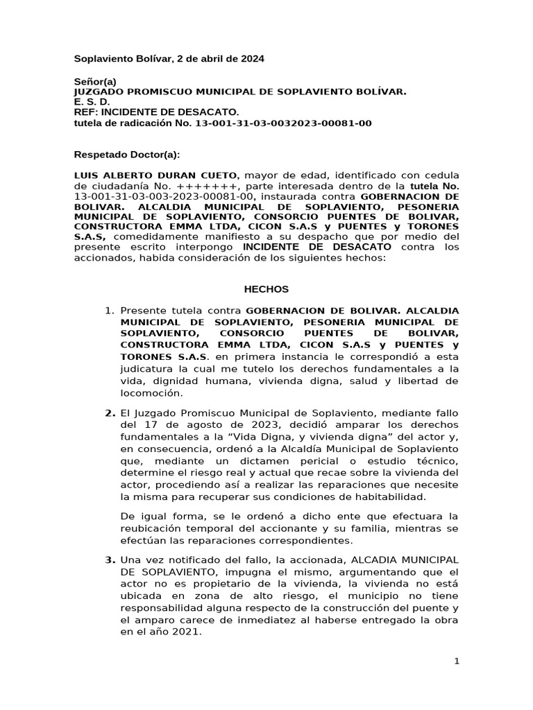 Incidente de Desacato en Tutela 2024 | PDF | Sentencia (ley) | Constitución