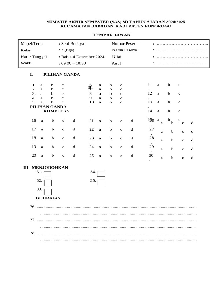 Lembar Jawab Sas Senbud Kls 3 | PDF