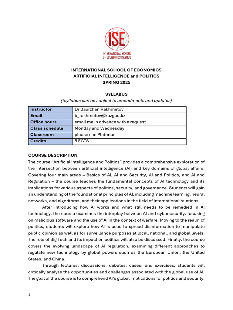 AI and Politics Course Syllabus 2025 | PDF | Artificial Intelligence ...
