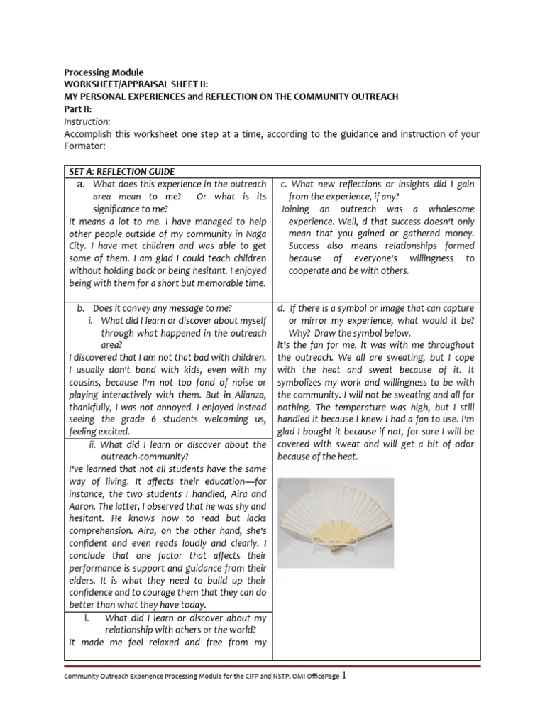 Personal Reflection on Community Outreach | PDF | Reading Comprehension ...