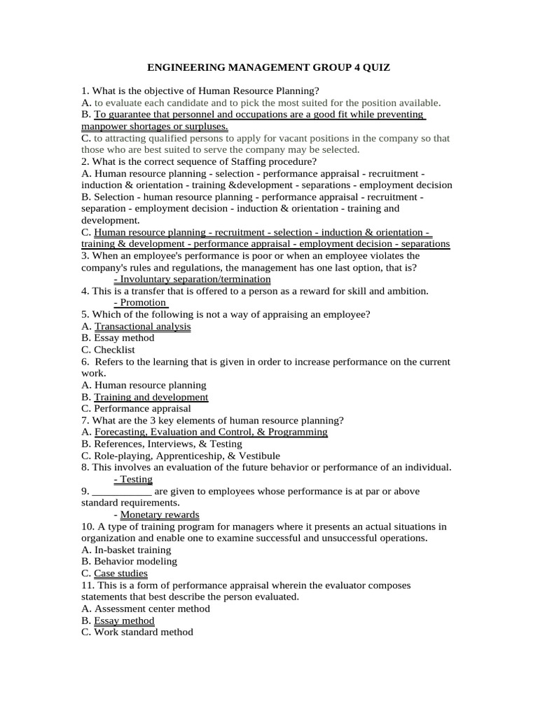Engineering Management Group 4 Quiz | PDF | Performance Appraisal | Human Resources