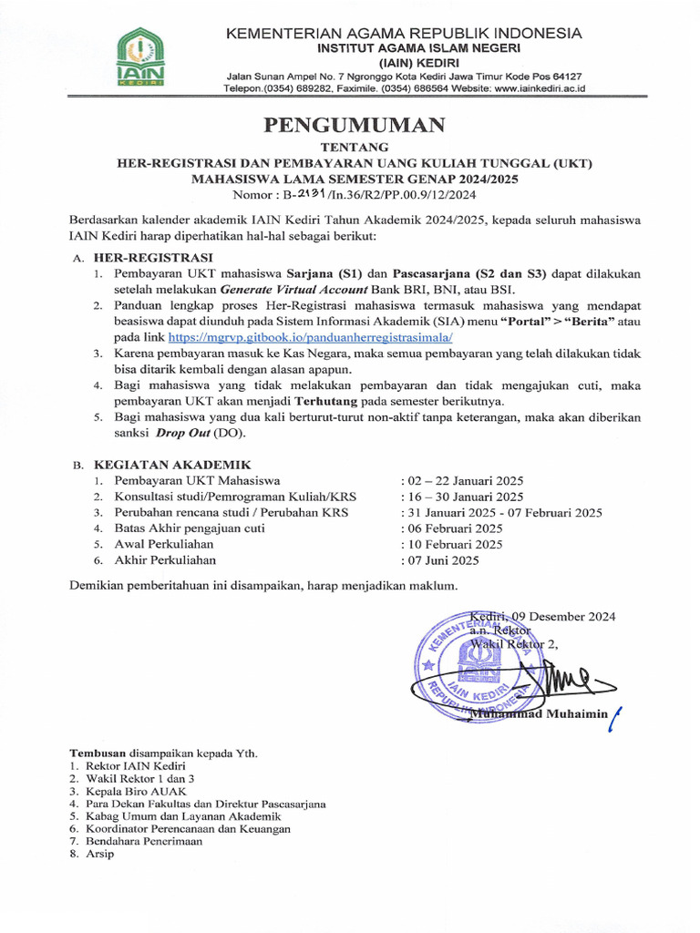 Pengumuman Her Registrasi Dan Pembayaran UKT Genap 2024 2025 | PDF