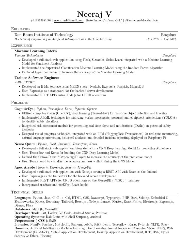 Resume Neeraj | PDF | Machine Learning | Deep Learning