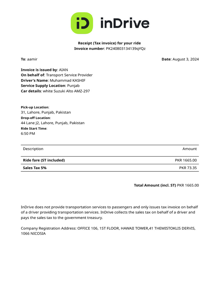 Receipt (Tax Invoice) For Your Ride Invoice Number To Invoice Is Issued ...
