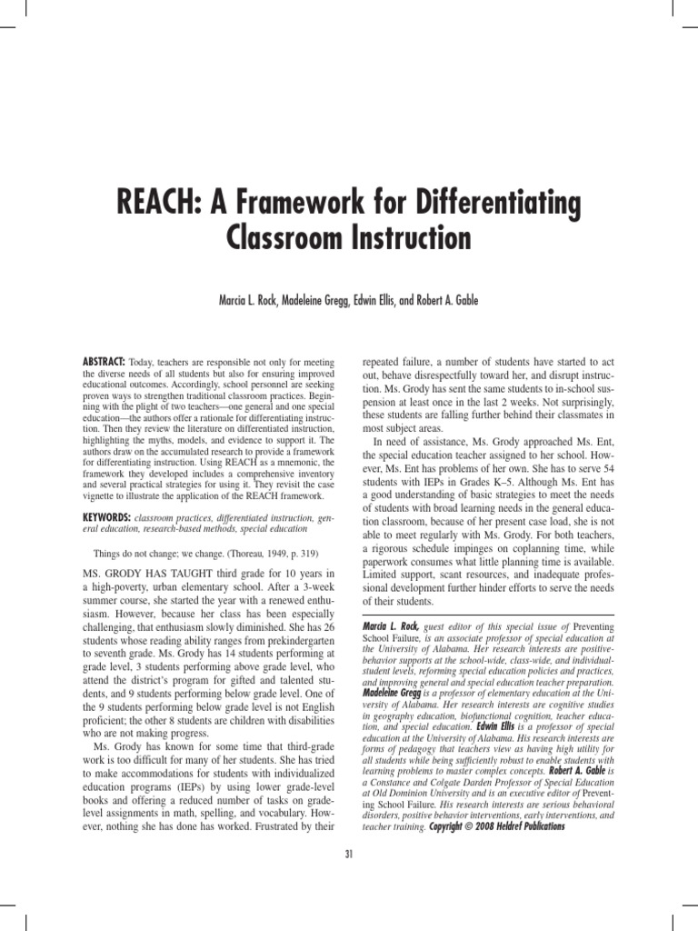 Done (Marcia, 2008) REACH A Framework For Differentiating Classroom Instruction. Preventing ...