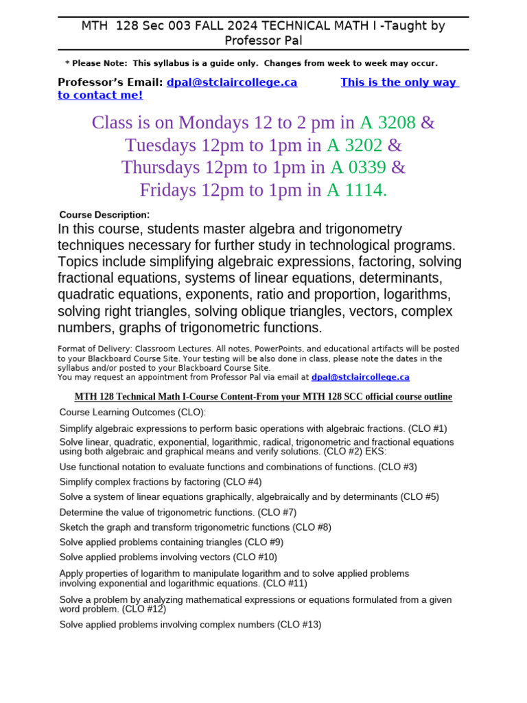 MTH 128 Technical Math I Syllabus | PDF | Exponentiation | Complex Number