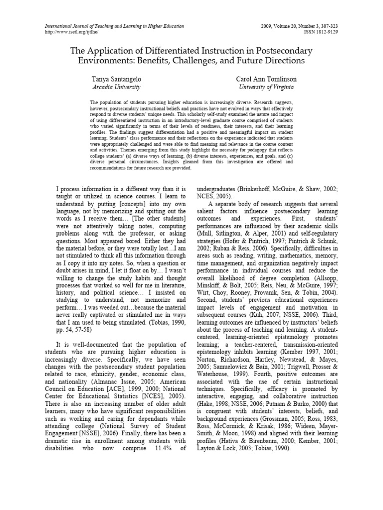 2009 The Application of Differentiated Instruction in Postsecondary Environments Benefits ...
