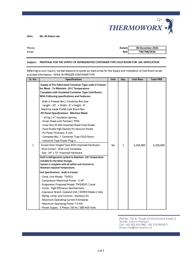 Proposal For The Supply of Containerized COLD Room | PDF | Refrigerator ...