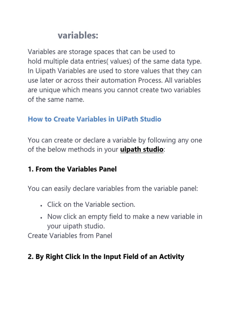 UiPath variables Day2 | PDF | Data Type | Variable (Computer Science) UiPath variables Day2 | PDF | Data Type | Variable (Computer Science)