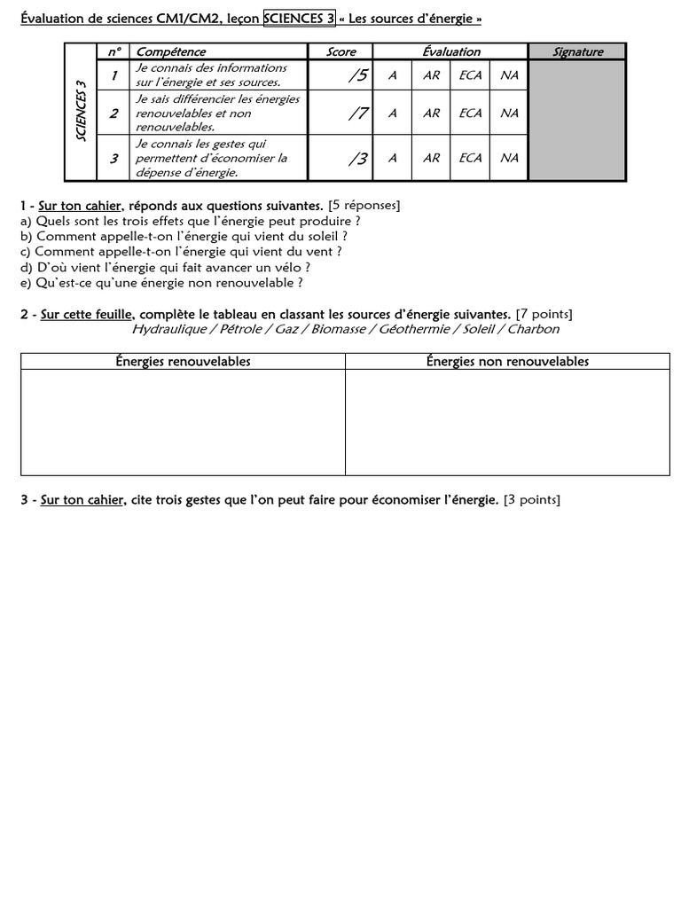 CM1 CM2 Les Sources Denergie Evaluation | PDF | Énergie renouvelable ...