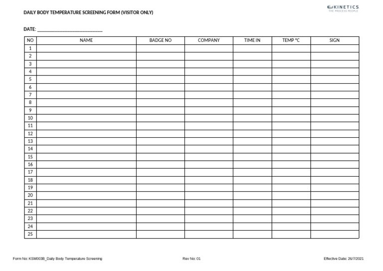 KSM003B - Daily Body Temperature Screening Form - VISITOR | PDF